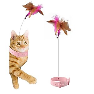KOTYA Cat Teasing Wand Silicone Collar Hands Free Toy with Bell and Feathers (Flamingo Pink)