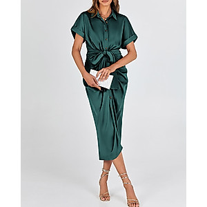 BTFBM 2024 Women Button Down Ruched Shirt Dresses Short Sleeve Lapel V Neck Elegant Party Spring Summer Maxi Satin Dress(Short Sleeve Dark Green, Medium)