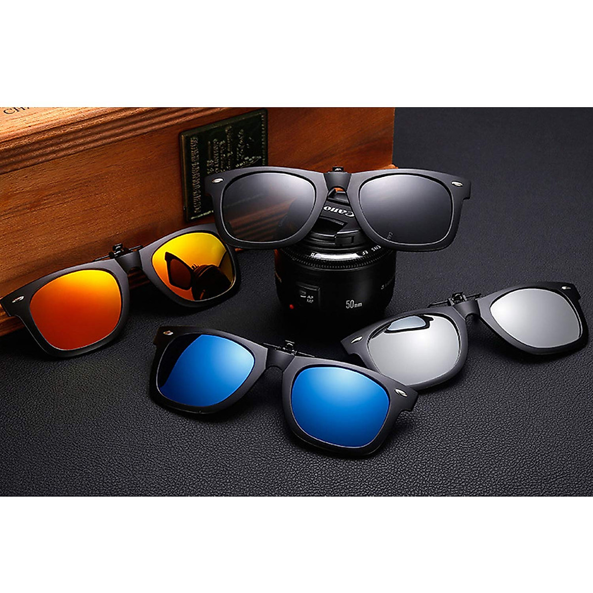 OopsMi Clip On Sunglasses Over Prescription Glasses Polarized Men Women Flip Up (Black Lens)