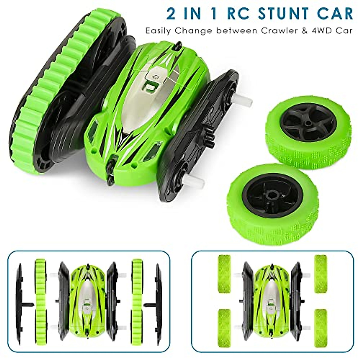 2-in-1 Remote Control Car, Rechargeable Remote Control Crawler for Kids Age 3 Years and up, Changeable Wheels, Double-side 360° Flips, LED Headlights, Fast Stunt Toy Race Cars for Toddlers-Green