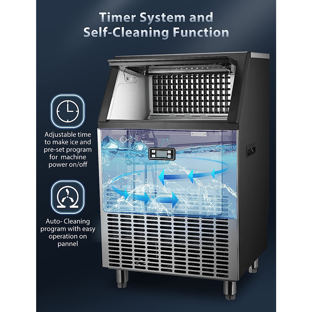 Commercial Ice Maker Machine Self Clean, 200lbs/24H Stainless Steel Ice Machine 105 Cubes/Batch in 11-18 Minutes with 48lbs Ice Storage Bin, Freestanding Ice Maker for Restaurant/Home/Food Truck