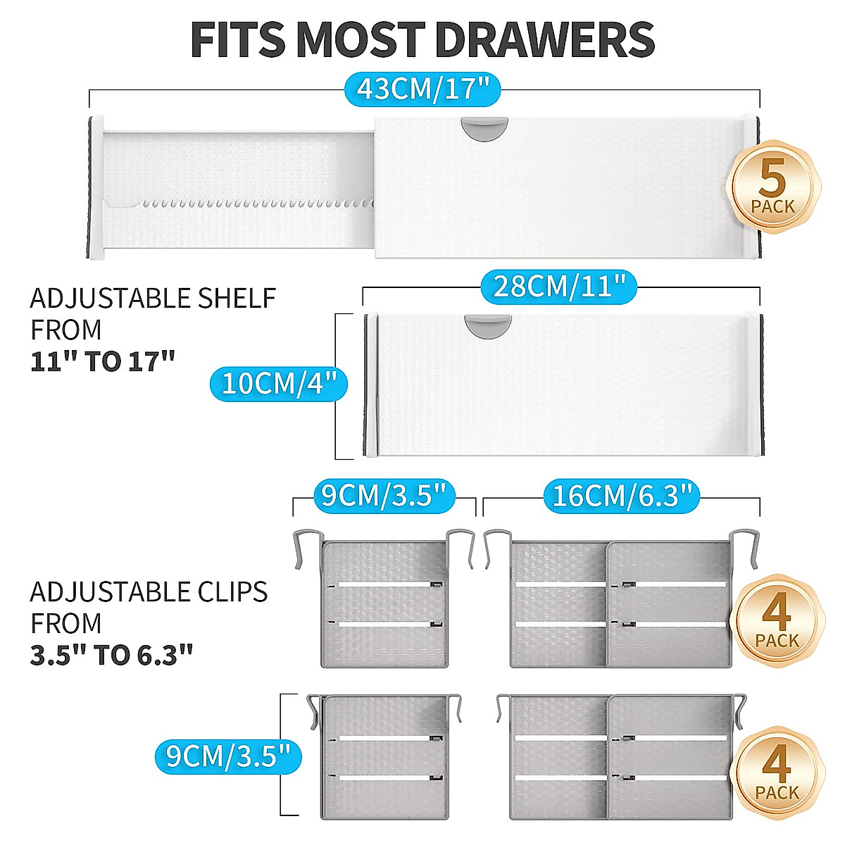 ACDRIME Drawer Dividers Organizer 5 Pack, Expandable Drawer Divider with 8 Inserts, Kitchen Drawer Organizer, for Bedroom, Kitchen & Office Organizer and Storage - Expandable from 11-17", 4" High