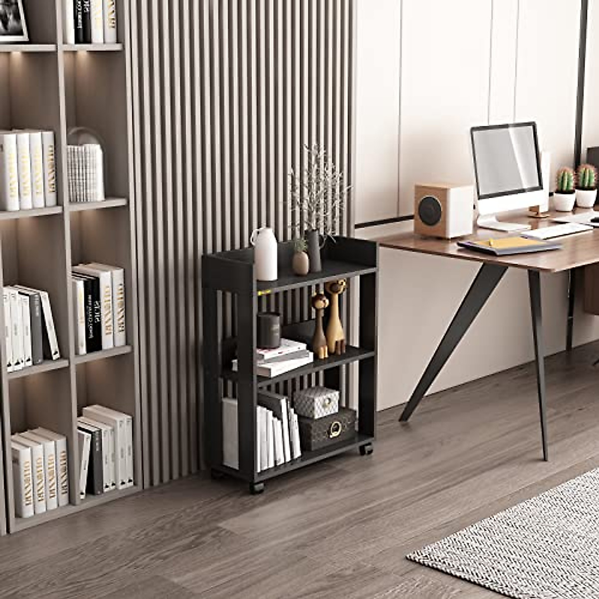 ALISENED Small Bookshelf and Bookcase, 3 Tier Wood Nightstand with Wheels, Modern Bedside End Table with Storage Rack for Bedroom, Library, Living Room, Home, Office Cart, Black