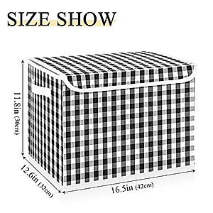 Kigai White Black Plaid Collapsible Storage Box, Oxford cloth Storage Bin with Flip Lids and Hadle, Stackable Storage Organizer for Bedroom Closet Living Room, 16.5"x12.6"x11.8"