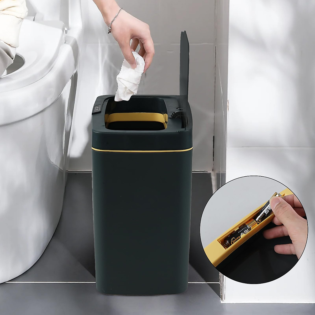 Obstnny Motion Sensor Garbage Can with Automatic Lid, 15 L Plastic Touchless Trash Can, Green