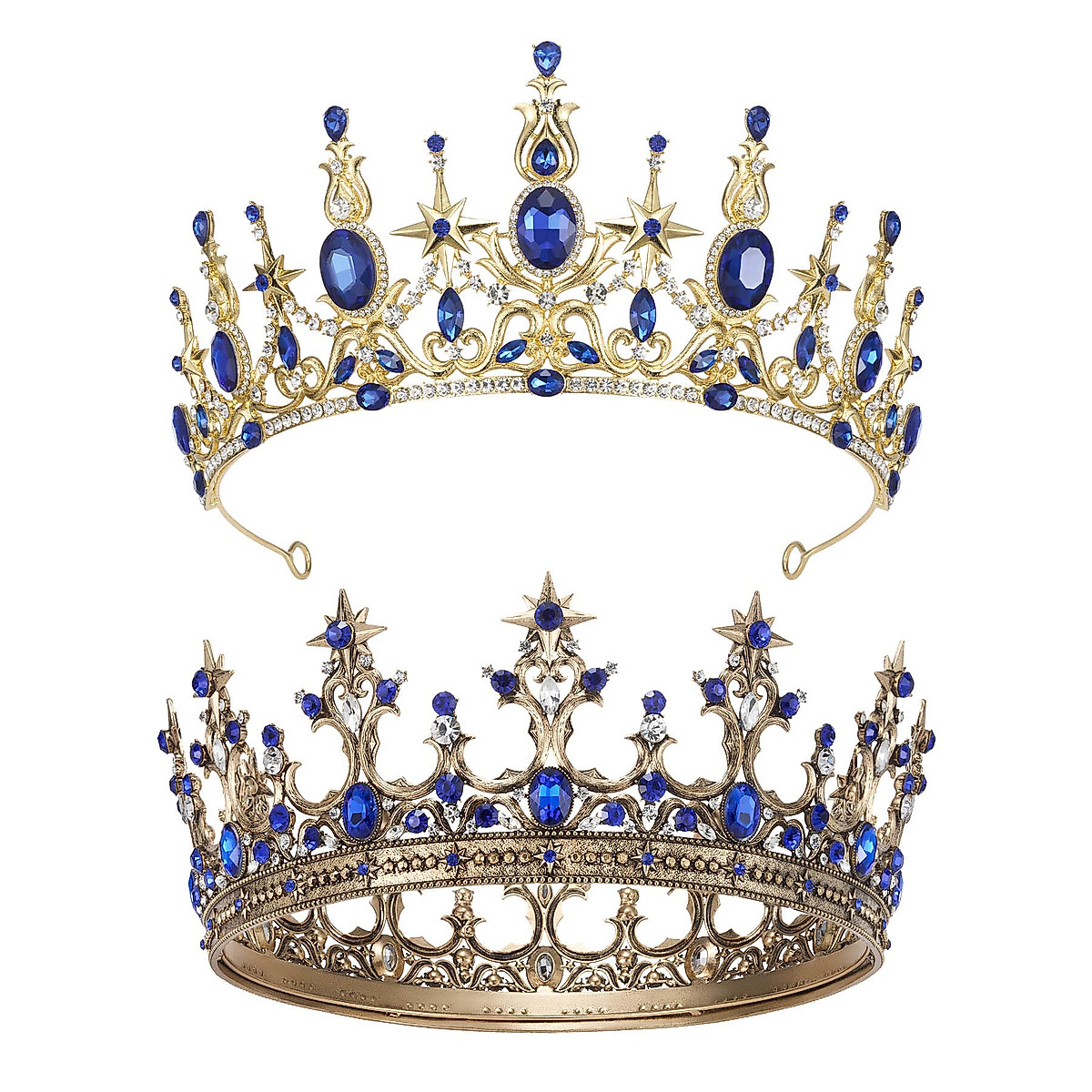 SWEETV Couple Crowns for Women & Men,Crystal Queen Tiara King Crown Set,2-Pack Gold Blue Medieval Hair Accessories for Prom Wedding Photo Shoot Birthday