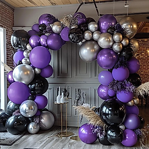 Black Purple Silver Balloon Garland - Double Stuffed Dark Purple Black Balloons Metallic Silver Lavender Lilac Balloon Arch Kit for Halloween Wednesday Birthday Graduation Wedding Party Decoration