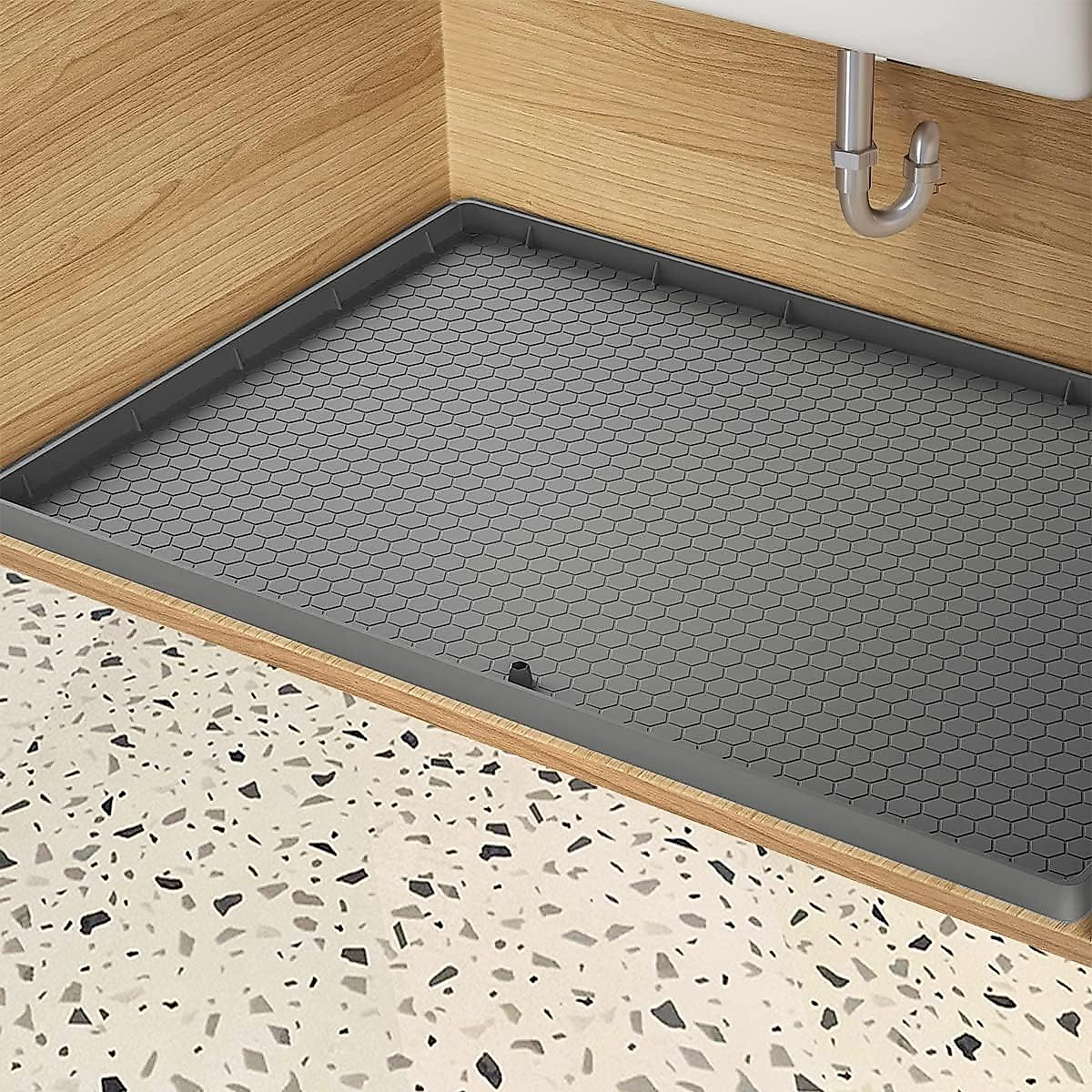 Spill Agent Under Sink Mat, 34’’ x 22’’under sink mats for kitchen Waterproof Silicone Sink Cabinet Protector Mat with Drain Hole,Flexible Sink Drip Tray,Free Cleaning Brush,for Kitchen,Bathroom,Grey,