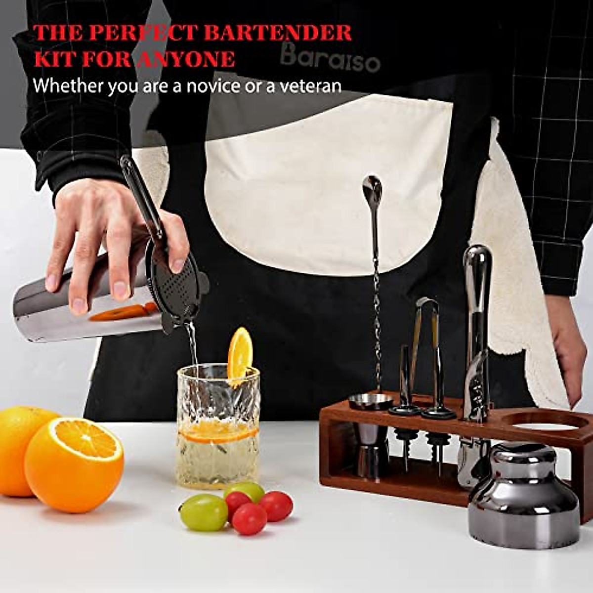 Baraiso Cocktail Shaker Set, Bartender Kit and Cocktail Shaker with Strainer, Bar Tool Kit Set and Mahogany Tool Sets with Mahogany Stand, Bar Accessories for The Home Bar Set - Black