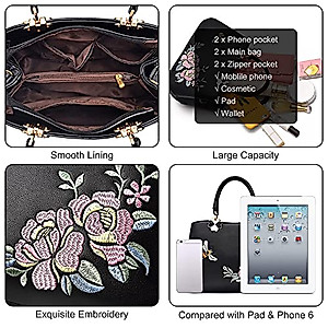 Embroidery Flowers Handbags for Women Ladies Tote Shoulder Bags PU Leather Satchel Top Handle Satchel Purse (Purple B)