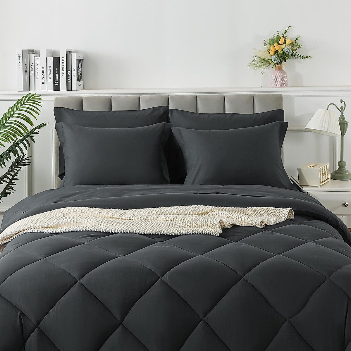 SameBed Twin Size Comforter Set, 5 Pieces Bed in a Bag, Bedding Sets with All Season Soft Quilted Lightweight Comforter, Flat Sheet, Fitted Sheet, 1 Pillow Sham, 1 Pillowcase, Dark Grey