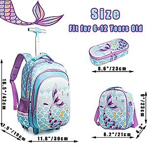 Meetbelify Girls Rolling Backpack Wheels Backpacks Kids Luggage for Elementary Preschool Students Cute Suitcase Trolley Trip Wheeled Mermaid Backpack with Lunch Box for Girls