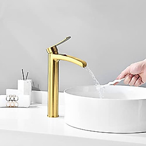 Brushed Gold Single Hole Bathroom Faucet, Waterfall Single Handle Modern Bathroom Faucet, Tall Vessel Bathroom Faucet with Pop Up Drain and Water Supply Line by Phiestina, NS-SF01-BG-V