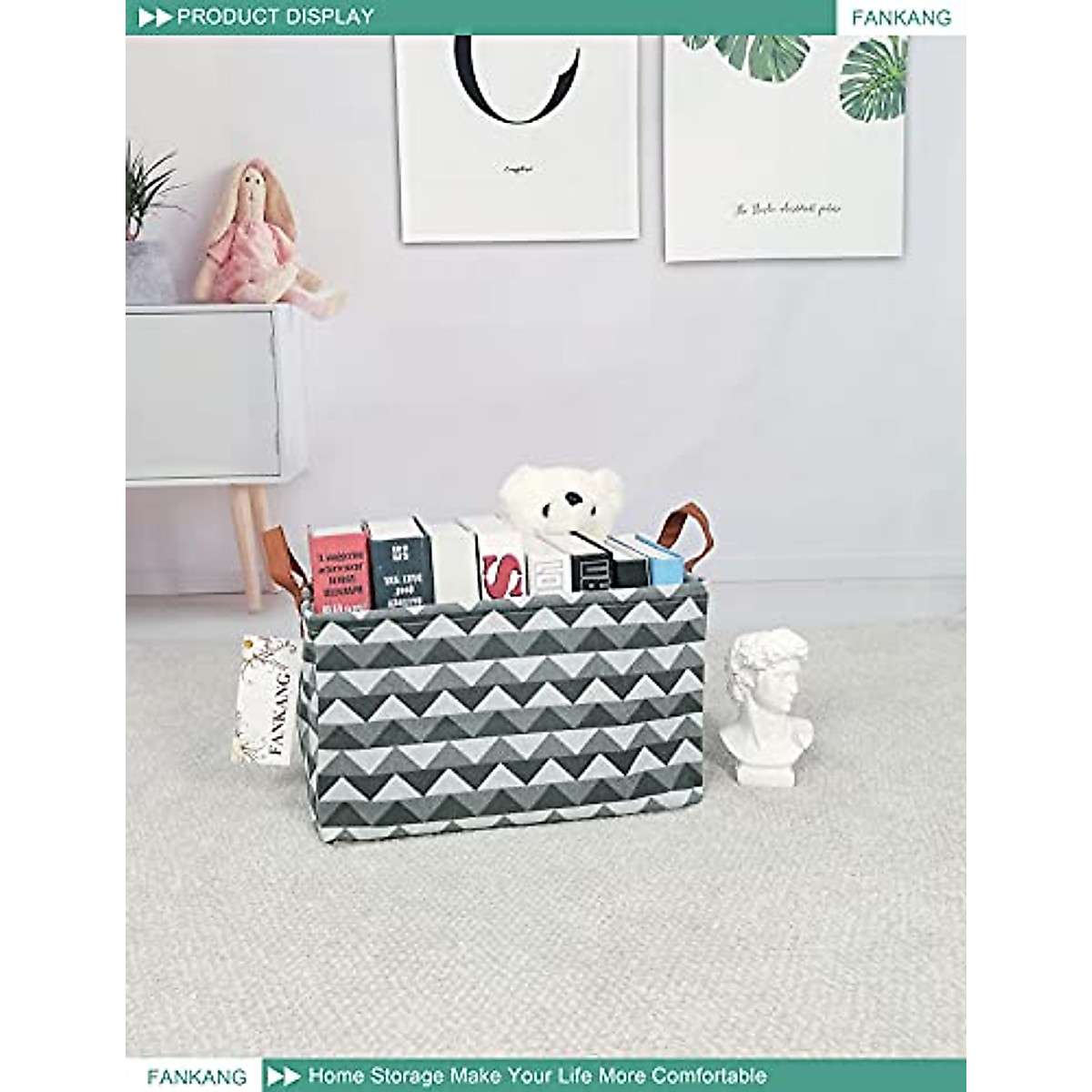 FANKANG Storage Bins, Nursery Hamper Canvas Laundry Basket Foldable with Waterproof PE Coating Large Storage Baskets for Kids Boys and Girls, Office, Bedroom, Clothes,Toys(Rec-grey wave)