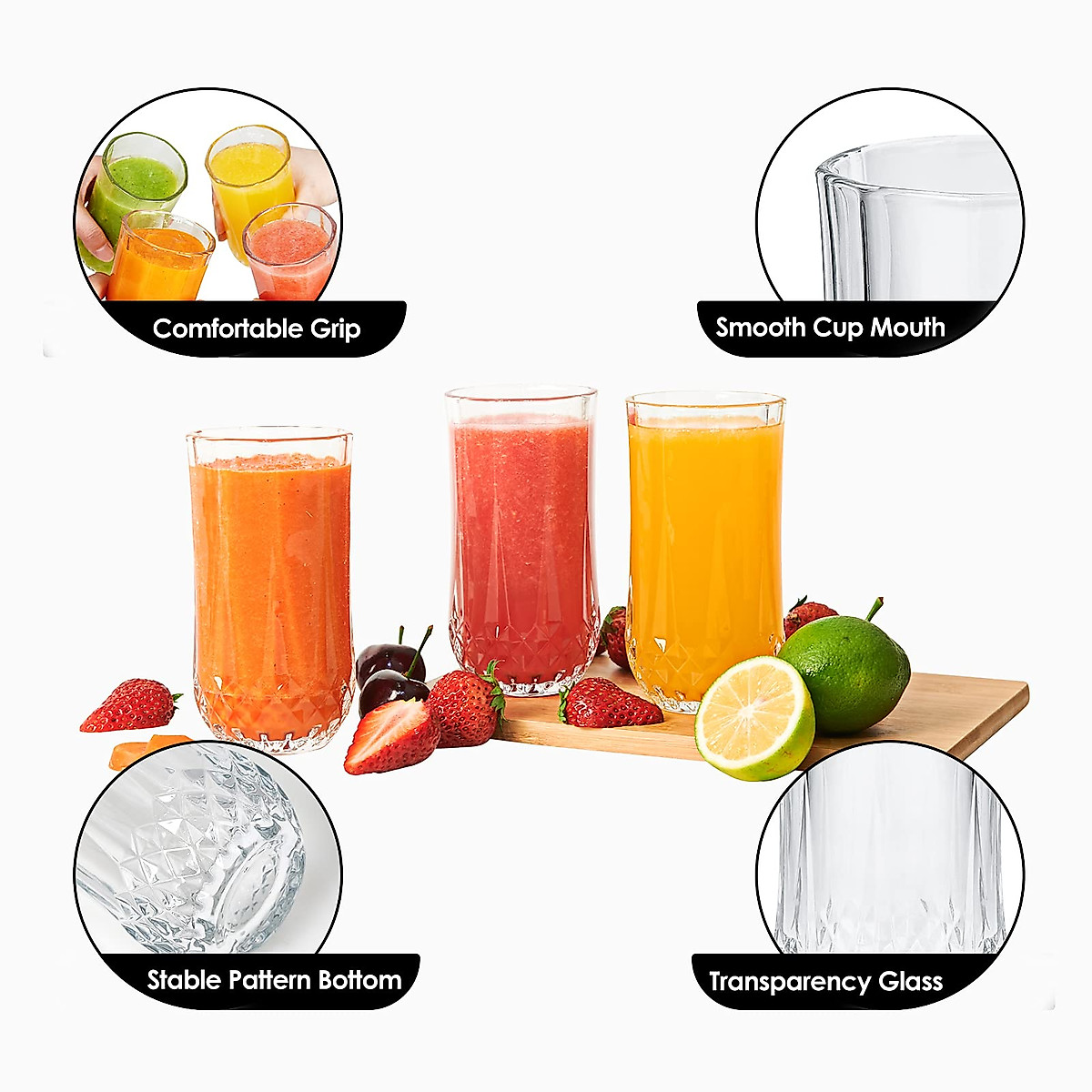 kuujojo Highball Drinking Glasses Set of 12, Clear Cocktail Glasses, 11 Ounce Cups,Elegant and Durable Tall Bar Glassware Sets for Water, Juice, Beer, Glass Cups Set with Shockproof Package