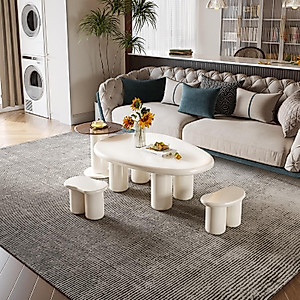 Guyii Nesting Coffee Table Set with 2 Stools, Combination Center Table with Irregular Coffee Table and Round Glass End Table, Modern Side Table for Living Room, Small Spaces, Easy to Assemble