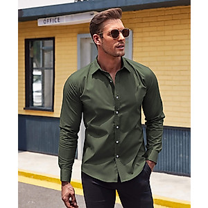 COOFANDY Men's Muscle Fit Dress Shirts Wrinkle-Free Long Sleeve Casual Button Down Shirt Olive Green