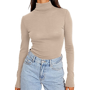 Trendy Queen Womens Fall Outfits 2024 Mock Turtleneck Long Sleeve Shirts Slim Fit Pullover Stretch Tight Basic Layering Soft Thermal Underwear Undershirts Fashion Beige