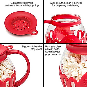 Ecolution Patented Micro-Pop Microwave Popcorn Popper with Temperature Safe Glass, 3-in-1 Lid Measures Kernels and Melts Butter, Made Without BPA, Dishwasher Safe, 1.5-Quart, Red