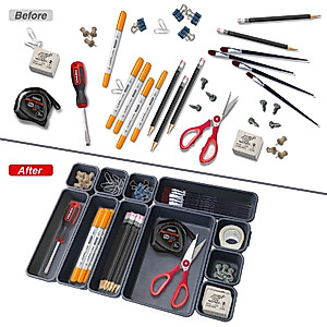 KeFanta 32 Pack Desk Drawer Organizers,Shallow Drawer Organizer Tray Dividers Separators Storage Bins Container for Office,Bathroom,Kitchen,Makeup Cabinet Vanity Dresser(Dark Grey)