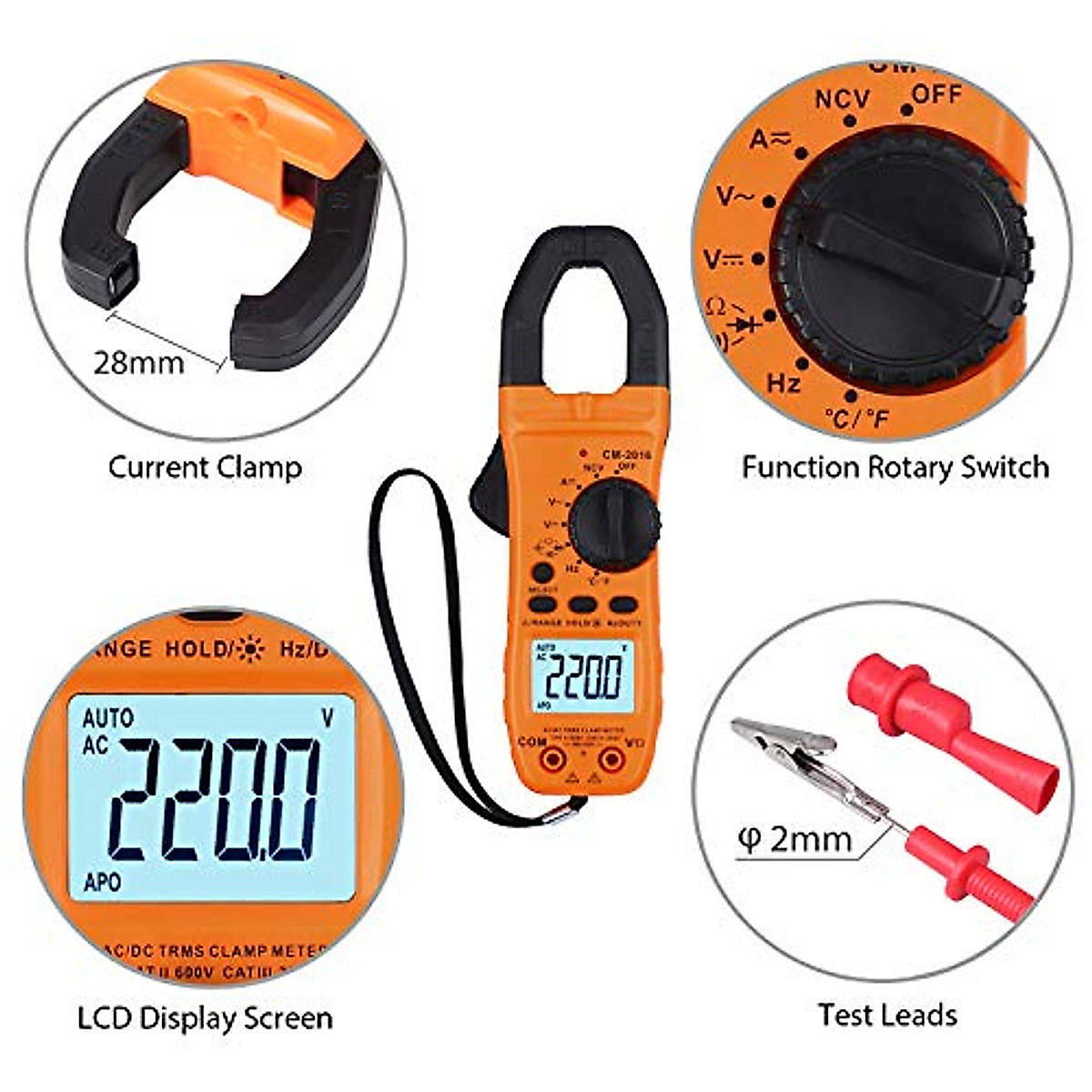 CAMWAY Portable Clamp Meter Digital 6000 Counts AC/DC Current TRMS AMP OHM Tester Capacitance Multimeter with Alligator Clips