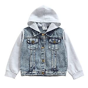 MAINESAKA Toddler Baby Boys Girls Hoodie Denim Jackets Button Down Trucker Jeans Top with Pockets Fall Long Sleeve Coat (Blue White-Thicken Denim, 3-4 Years)
