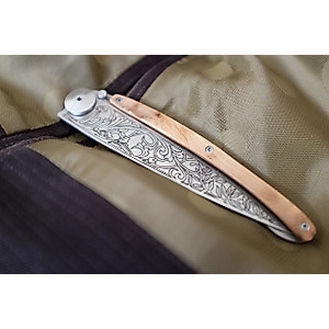 Ultra-light folding pocket knife with belt clip - Juniper Wood 1.3 oz version - Thin and sharp blade - Art Nouveau design - Stainless steel - Elegant and modern design