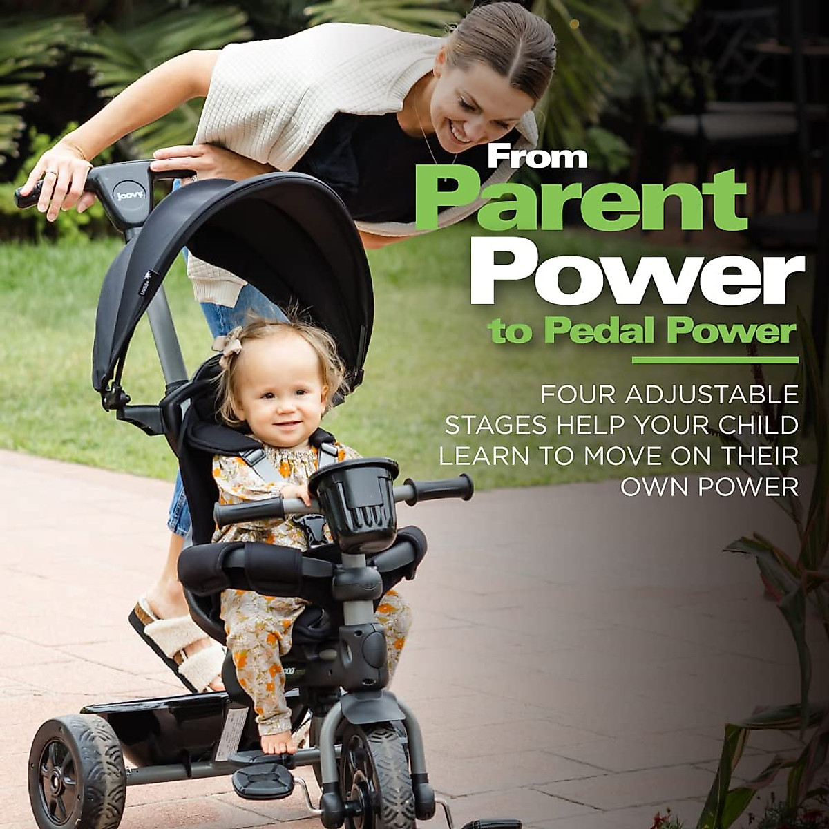Joovy 4.1 Kids Tricycle with 4-Stages Featuring Extra-Wide Front Tire, Removable and Adjustable Parent Handle, Safety Harness, Machine-Washable Seat Pad, and Retractable Canopy (Black)