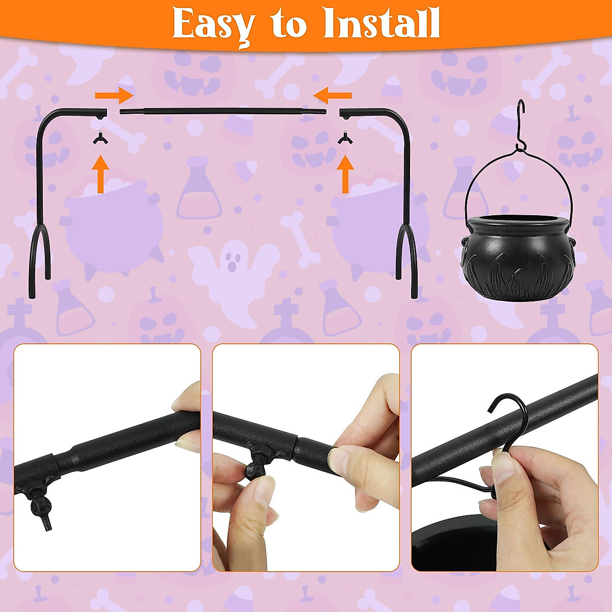 Set of 6 Halloween Witches Cauldron Serving Candy Bowls with Iron Rack Upgrade Hooks Black Plastic Punch Bucket Spiders for Halloween Party Decorations Indoor Outdoor Home Table Decor Supplies
