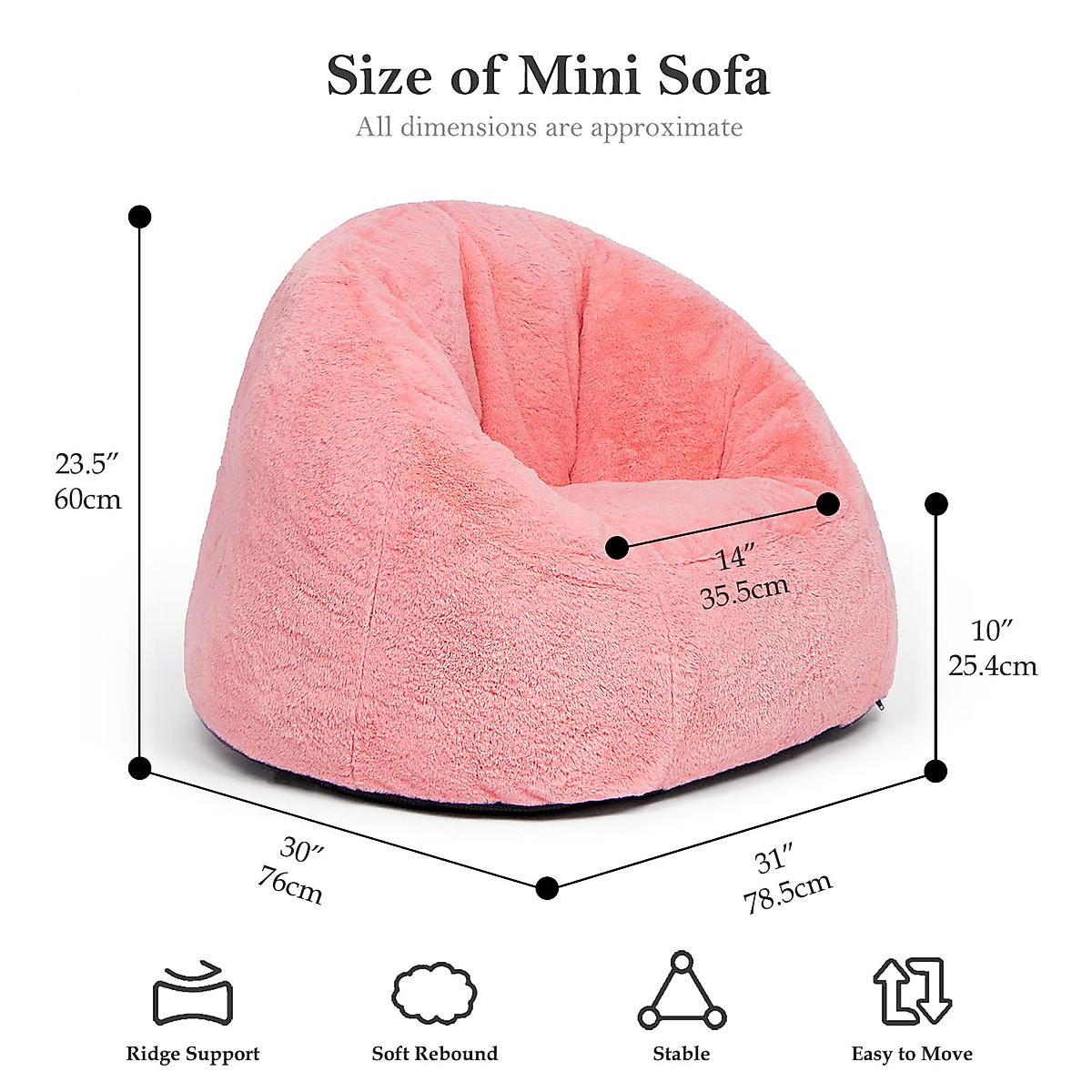 N&V Small Bean Bag Chair for Kids, Children Mini Bean Bag Sack, Foam Filling, Includes Removable and Machine Washable Cover, 27in, Soft Faux Fur (Pink)