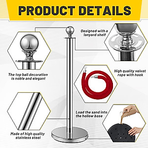 Stainless Steel Stanchion Post Queue 5 ft Red Velvet Rope Red Carpet Ropes and Poles Crowd Control Barriers Sand Injection Hollow Base and Velvet Ropes Set for Party Supplies (4 Pieces, Silver)