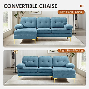 EASELAND Chenille L Shaped Sleeper Sofa, 83” Couch for Living Room, Comfy Couch for Bedroom with Convertible Chaise, Thick Wide Cushion, Couch with Fluffy Armrests, Metal Legs, Washable Cover(Blue)