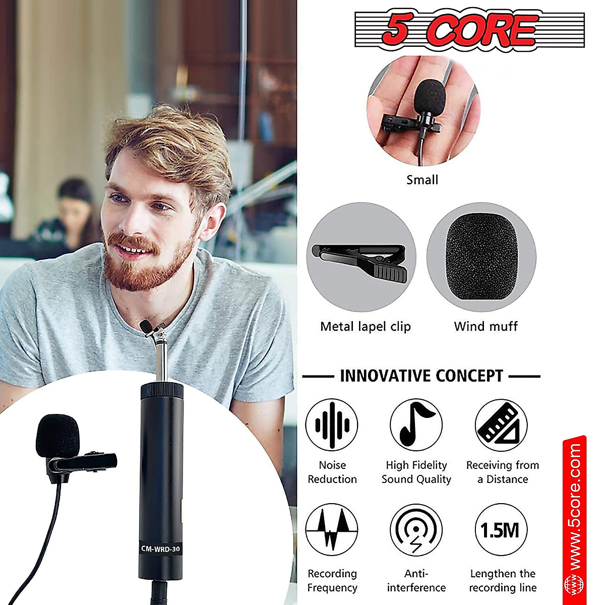 5 CORE Premium Lavalier Microphone Lapel Clip-on Mini Wired Omnidirectional Condenser Mic for Podcasting, Recording, Vlogging, Android, Smartphone, DSLR, Camera, Computer, Laptop