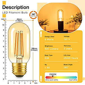 Genixgreen Dimmable E26 LED Bulb 60 Watt Equal 6W Amber Tube Light Bulb, T14/T45 Vintage Filament Edison Bulb for Wall Sconces Ceiling Fan, Pendant Warm White 600Lm,Soft White 2200K,120V 4 Pack