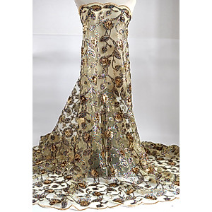 SanVera17 African Fabric Sequins Rope Embroidered Net Fabrics Leaf Battern Base Fabric Color (Apricot) for Party Dress 5 Yards