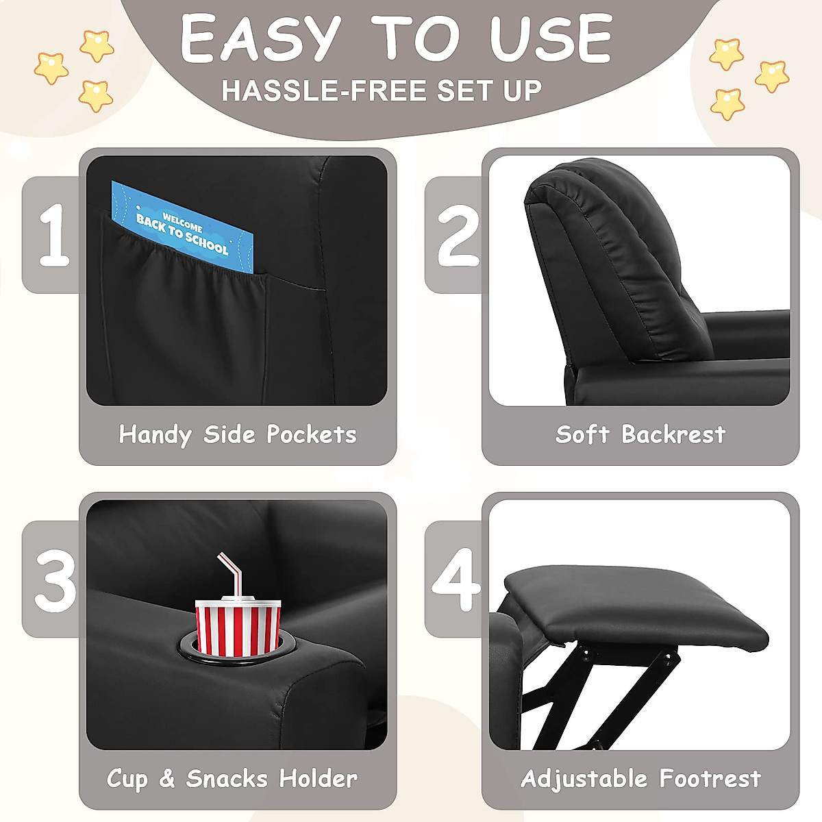 chizzysit Kids Recliner Chairs for Toddlers, Toddler Recliner for Kids Age 1-4 with Cup Holder and Side Pockets, Kids Sofa Couch for Children Bedroom, Living Room, Black