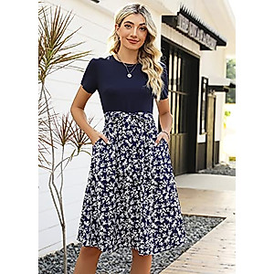 Berydress Knee Length Dress for Women Summer Casual Short Sleeve Modest A-Line Belt Party Work Dress with Pockets (S, 6188-Navy Floral)