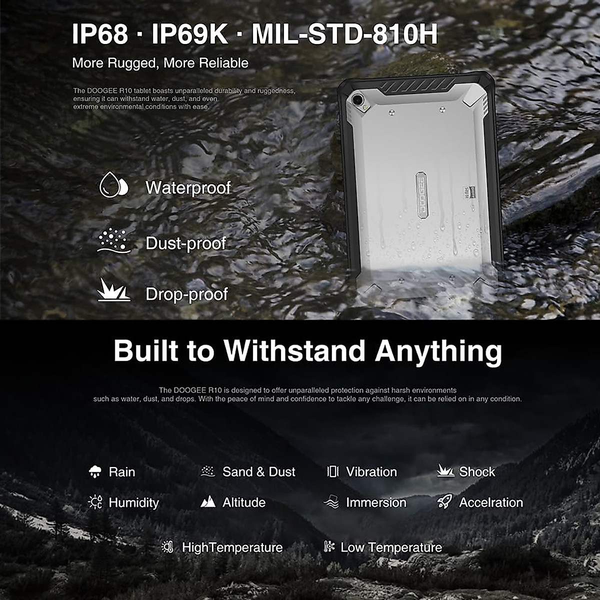 DOOGEE R10 Rugged Tablet Android 13, MTK G99 8GB+128GB Tablet PC, 10.36 inch FHD+ 10800mAh Rugged Tablets, IP68 Waterproof Tablet, 20MP+16MP Camera, Dual SIM 4G/WiFi/GPS/OTG/FM/T-Mobile, Silver