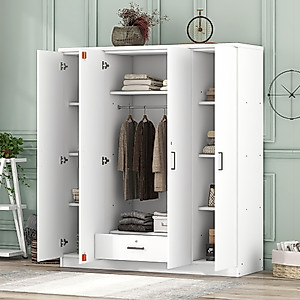 4 Door Wardrobe Armoire Closet with Storage Shelevs Freestanding Wardrobe Cabinet with One Drawer and Hanging Rod Clothes Cabinet Organizer for Bedroom, 59.2" L x 19.2" W x 67.9" H (White)