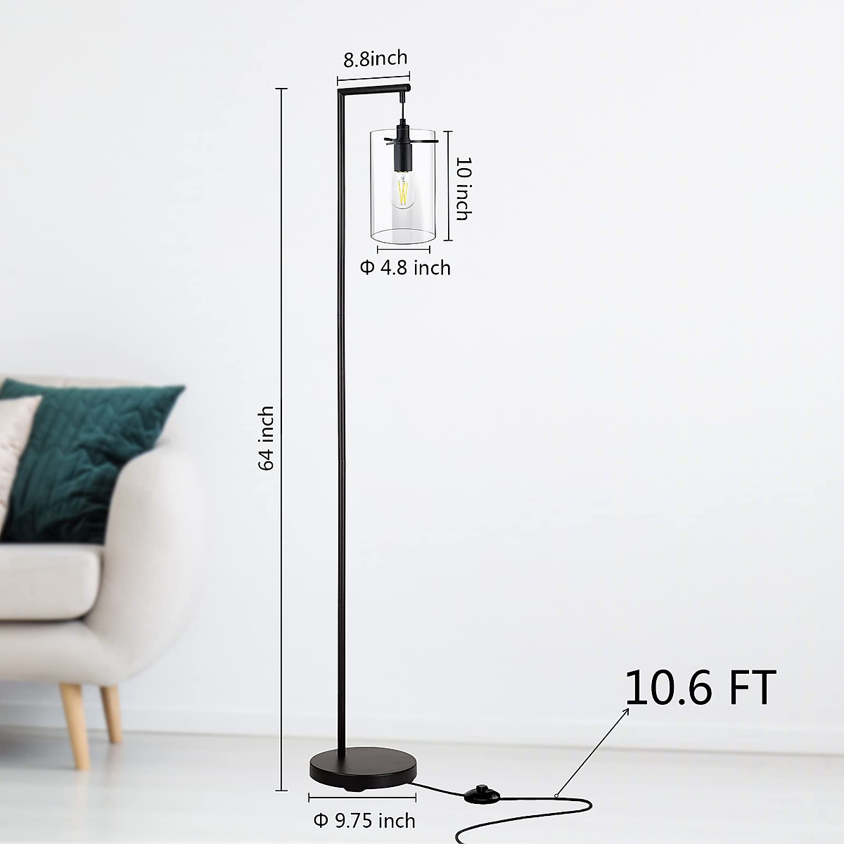 RORIANO Industrial Floor Lamp, Modern Standing Lamp with Hanging Clear Glass Shade, Farmhouse Rustic Tall Pole Lamp with Foot Switch for Living Room Bedroom Office, LED Bulb Included (Black)