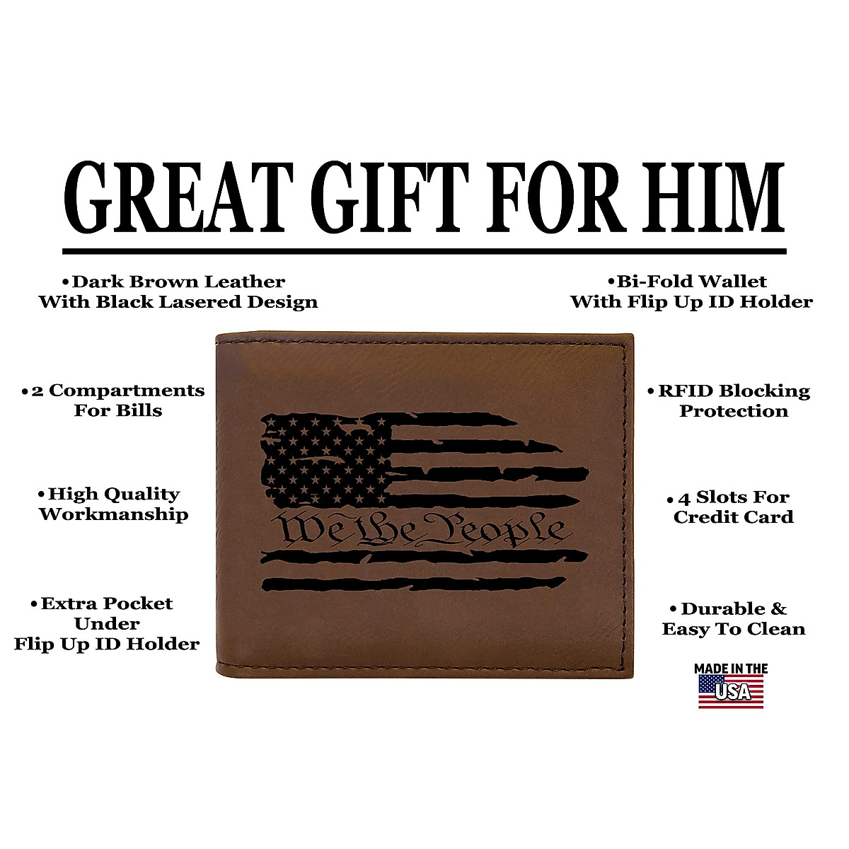 Rogue River Tactical USA American Flag We The People Constitution Men's Leather Bifold Wallet RFID Gift For Him Dad Father United States Billfold Patriotic
