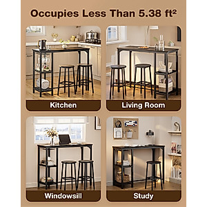 Qsun Small Bar Table Set for 2, Bar Table with Stools, Kitchen Table for 2 with 2 Storage Shelves & Wine Glass Holder, Small Dining Table for Small Apartment, Dining Room, Black