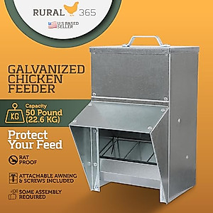 Rural365 50lb Capacity Galvanized Chicken Feeder Weatherproof Coop Dispenser