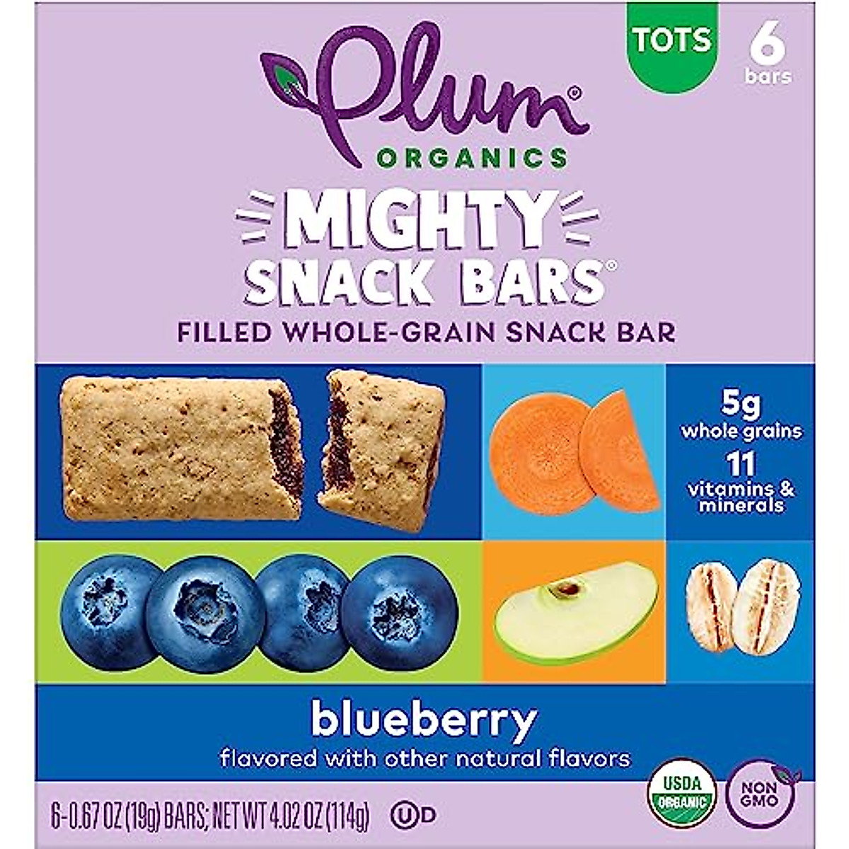 Plum Organics Mighty Snack Bars - Blueberry - 0.67 oz Bars (Pack of 6) - Organic Fruit and Vegetable Toddler Food Snack Bars