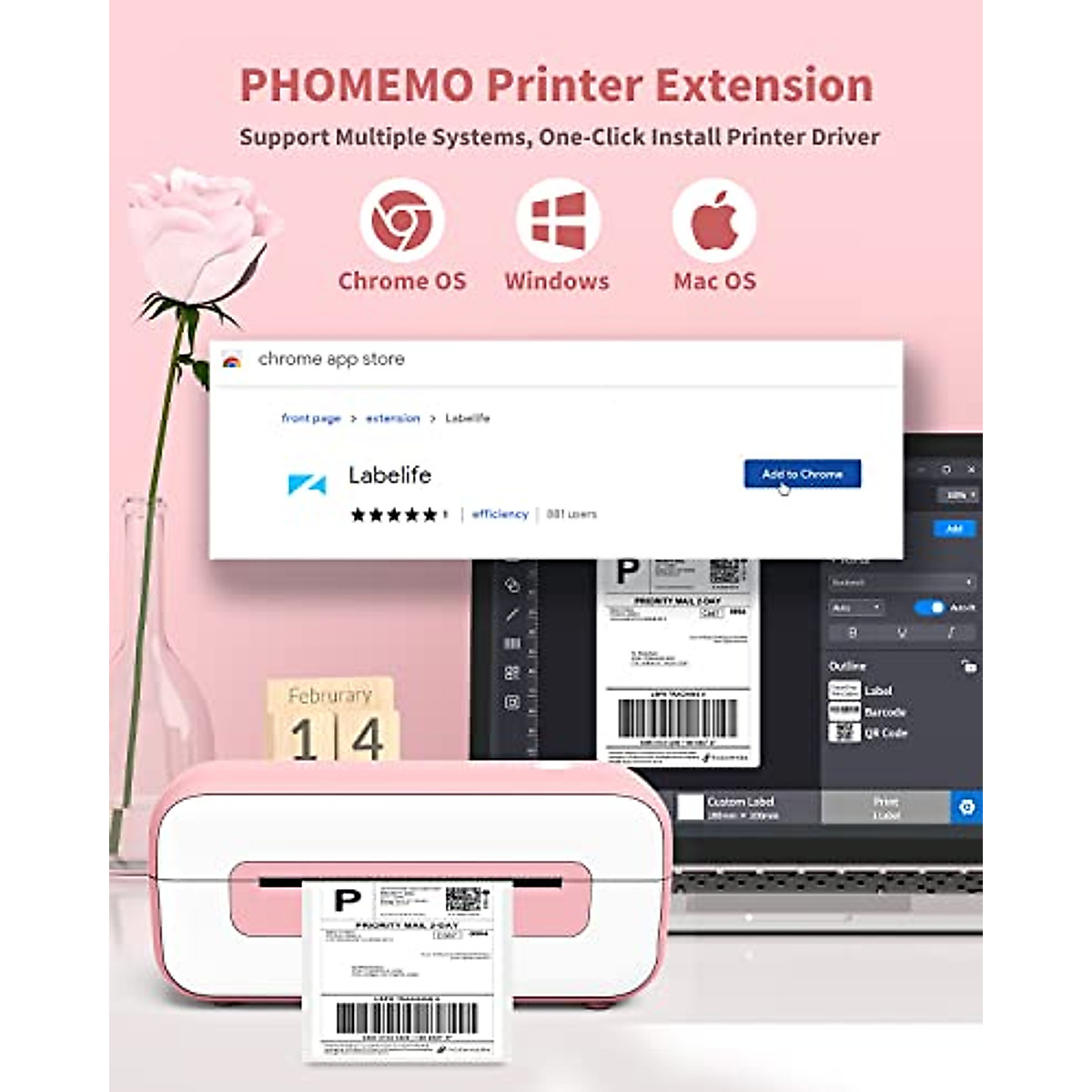 Phomemo Label Printer, Label Holder, 4X6 Pink Thermal Label