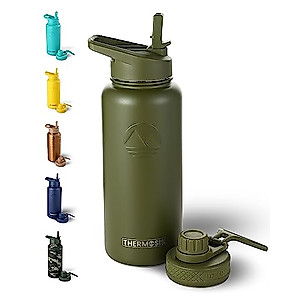 Thermosis 32 oz Insulated Water Bottle With Straw, 1 Liter Stainless Steel Water Bottles with 2 Lids (Straw and Handle Lids). Wide Mouth Travel Metal Water Bottle for Sports and Gym - Army Green