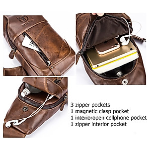 BULLCAPTAIN Men Leather Sling Chest Bag Outdoor Travel Shoulder Crossbody Bags Hiking Small Backpack (Black)