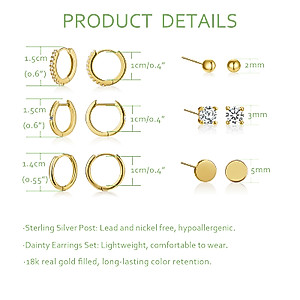6 Pairs Stud and Hoop Earrings Set for Women 18K Gold Filled CZ Small Ball Studs Huggie Earrings Hypoallergenic Cartilage Earring Sets for Multiple Piercing