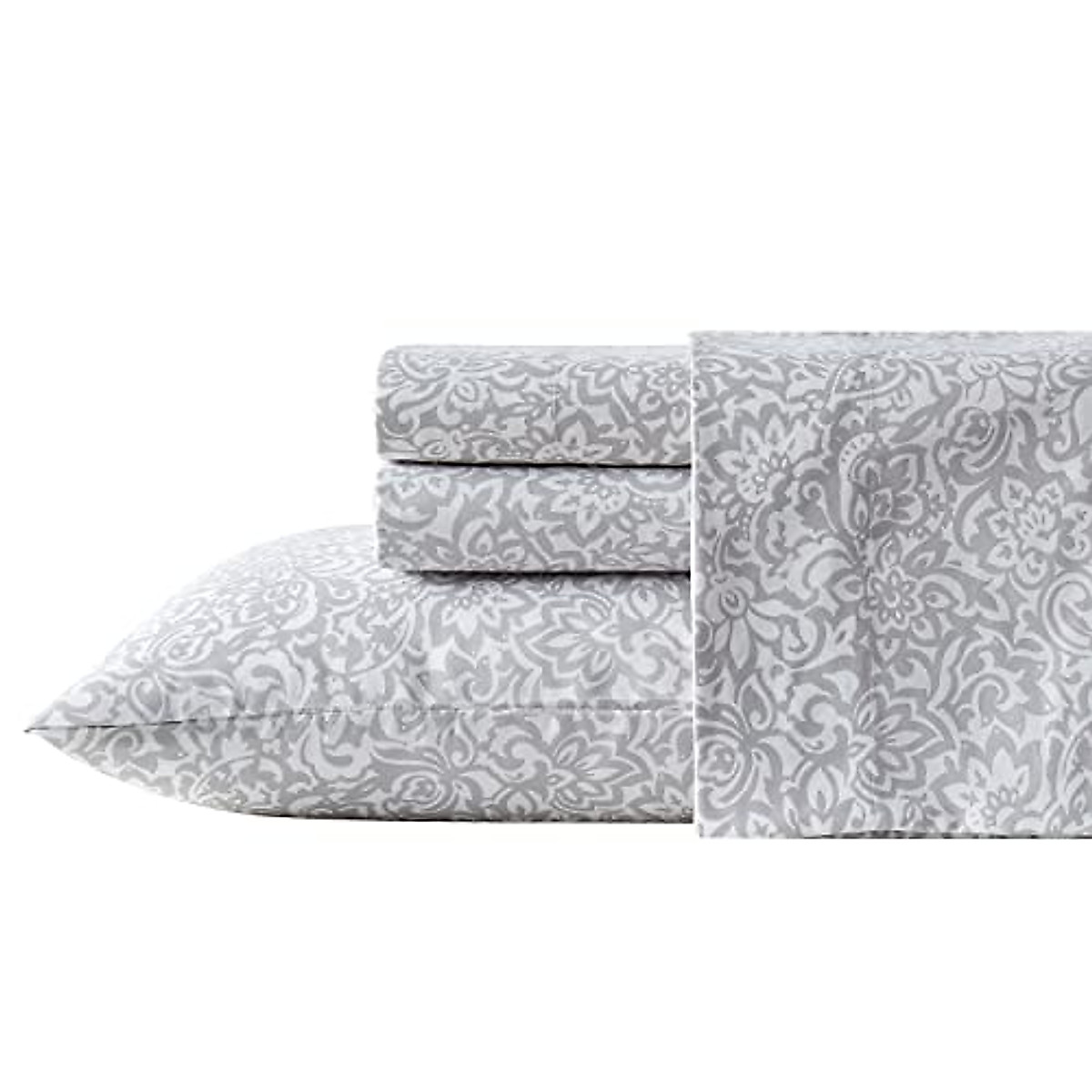 Indigo Ink - Full Size Sheet Set, 4-Piece Boho Floral Damask Patterned Bedding, Soft & Wrinkle Resistant (Tufted Medallion Collection, Grey)