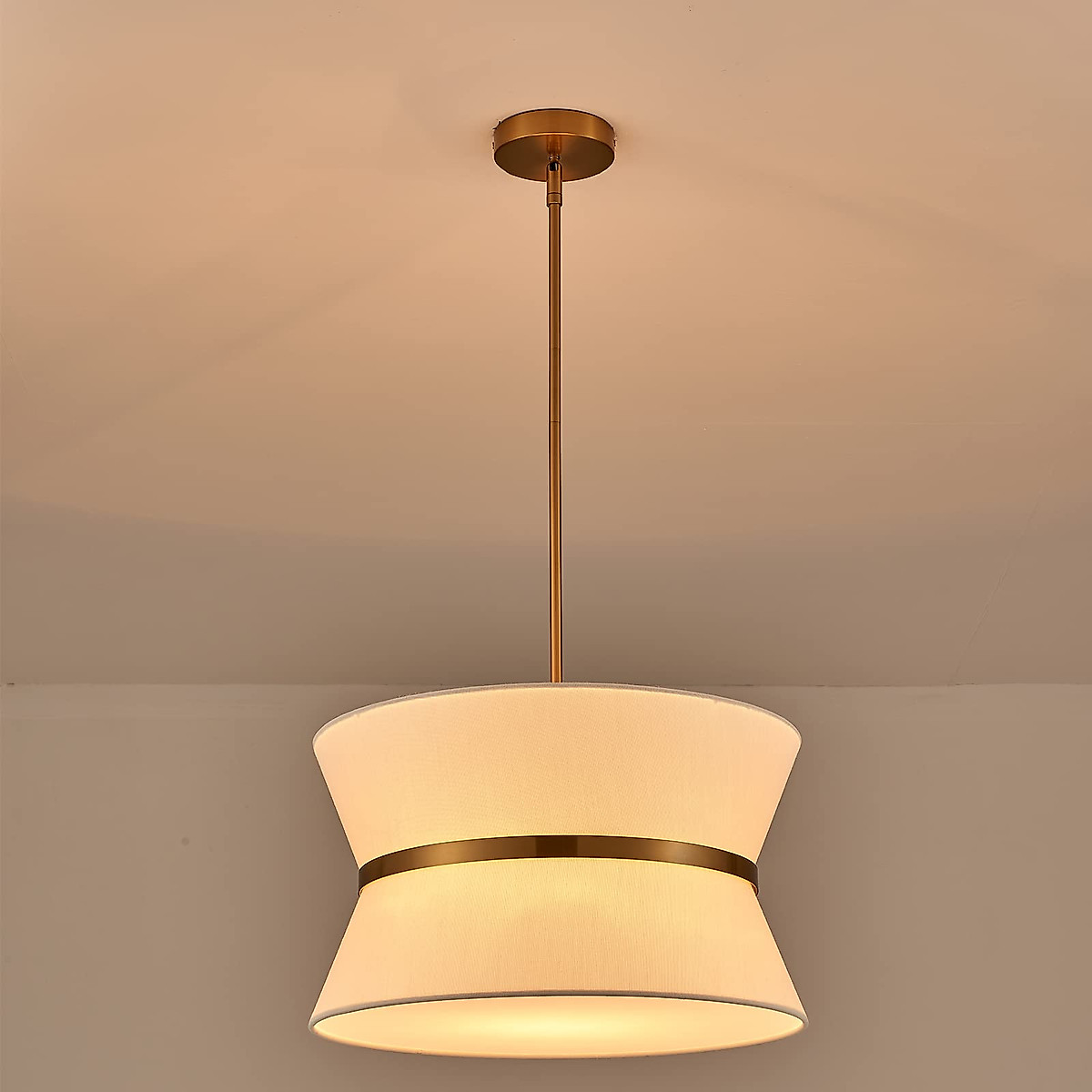 ELYCCUPA Modern Chandelier with Off-White Fabric Shade and Brass Finished Adjustable Pendant Light for Kitchen Island Living Room Bedroom Hallway, E26, Dia 18 Inch, UL Listed